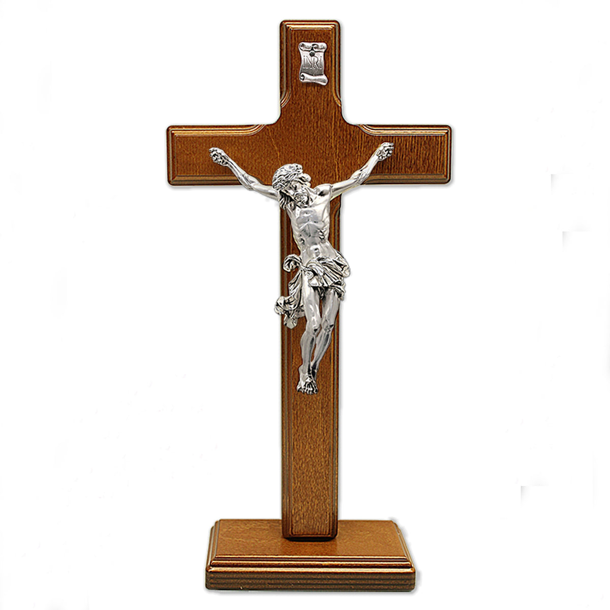 Coffee Brown- Wood Cross with Silver Tone Corpus on Base – Tuscan Hills ...